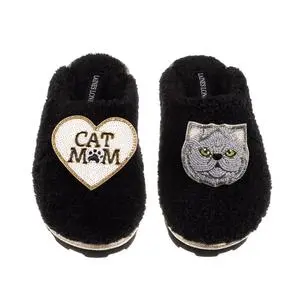 LAINES LONDON Teddy Towelling Slippers With Cat Brooches - Black