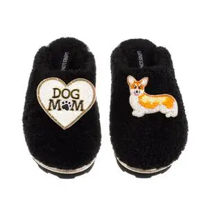 LAINES LONDON Laines London Teddy Towelling Slippers With Corgi And Dog Mum Brooches Black