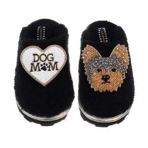 LAINES LONDON Teddy Towelling Closed Toe Slippers With Embellished Brooches - Black