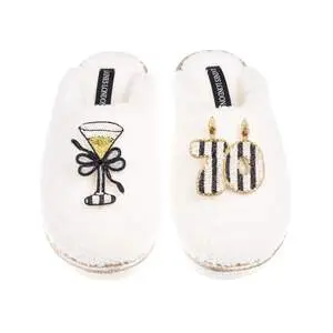 LAINES LONDON Teddy Closed Toe Slippers With Champagne Glass And "70" Brooches - White