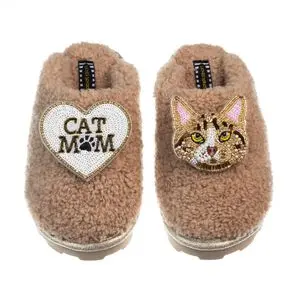 LAINES LONDON Teddy Towelling Slippers With Cat Brooch - Brown