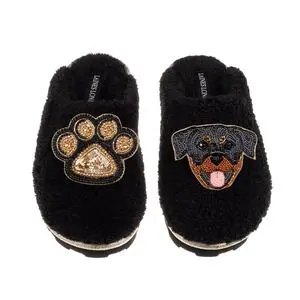 LAINES LONDON Teddy Closed Toe Slippers With Paw & Rottweiler Brooches - Black