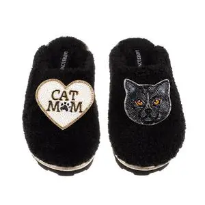 LAINES LONDON Teddy Closed Toe Slippers With Cat Mum/mom & British Shorthair Brooches - Black