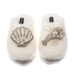 LAINES LONDON Teddy Closed Toe Slippers With Pearl Beaded Lobster & Shell Brooches Cream - White