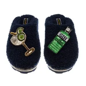 LAINES LONDON Laines London Teddy Closed Toe Slippers With Gin & Glass Brooch Detail Blue