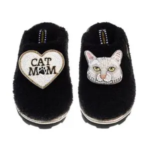 LAINES LONDON Laines London Teddy Towelling Closed Toe Slippers With Cat Embellishments Black