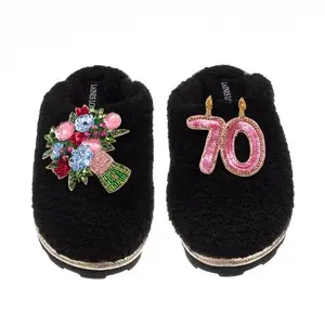 LAINES LONDON Teddy Towelling Closed Toe Slippers With Brooch Embellishments - Black
