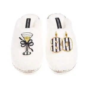 LAINES LONDON Laines London Teddy Closed Toe Slippers With Champagne Glass And '80' Brooches White