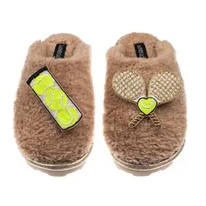 LAINES LONDON Teddy Closed Toe Slippers With Tennis Brooches - Brown