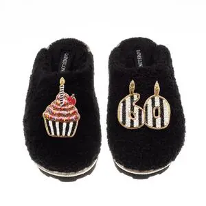 LAINES LONDON Teddy Towelling Closed Toe Slippers With Brooch Embellishments - Black
