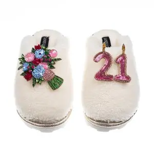 LAINES LONDON Teddy Towelling Closed Toe Slippers With Brooch Embellishments - White