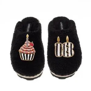 LAINES LONDON Teddy Towelling Slipper With Brooches - Black