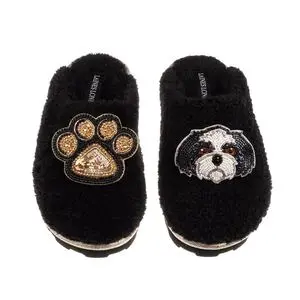 LAINES LONDON Teddy Closed Toe Slippers With Paw And Shih Tzu Brooches - Black