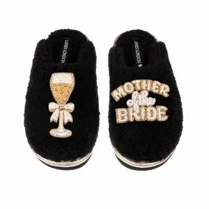 LAINES LONDON Teddy Closed Toe Slippers With Mother Of The Bride Brooches - Black