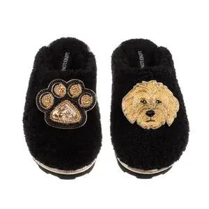 LAINES LONDON Teddy Closed Toe Slippers With Paw & Golden Cockapoo Brooches - Black