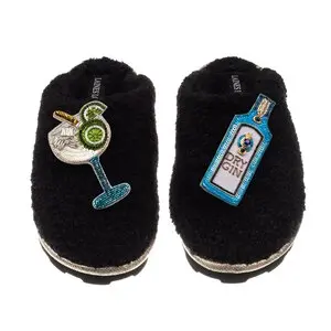 LAINES LONDON Teddy Closed Toe Slippers With Blue Sapphire Gin & Glass Brooches - Black