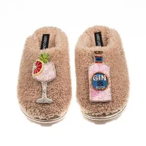 LAINES LONDON Neutrals Teddy Closed Toe Slippers With Pink Rosa & Grapefruit Gin Brooches Toffee - Brown