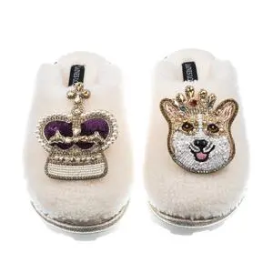 LAINES LONDON Teddy Closed Toe Slippers With Corgi & Crown Brooches Cream - White
