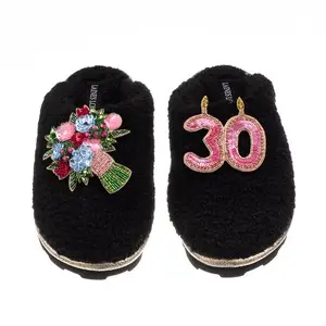 LAINES LONDON Laines London Teddy Closed Toe Slippers With 30th Birthday & Floral Brooches Black
