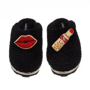 LAINES LONDON Teddy Closed Toe Slippers With Red Lipstick & Lips Brooches
