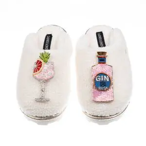 LAINES LONDON Neutrals / Teddy Closed Toe Slippers With Pink Rosa & Grapefruit Gin Brooches Cream - White