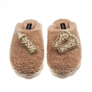 LAINES LONDON Laines London Teddy Towelling Closed Toe Slippers With Gold Baby Brooches Brown