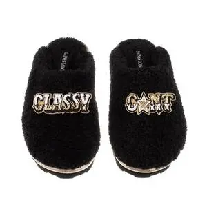 LAINES LONDON Teddy Closed Toe Slippers With Classy Cunt Brooches - Black