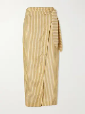 Brunello Cucinelli Striped Linen And Silk-blend Midi Wrap Skirt - Yellow