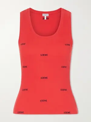Loewe Logo-embroidered Ribbed Stretch-cotton Jersey Tank - Red