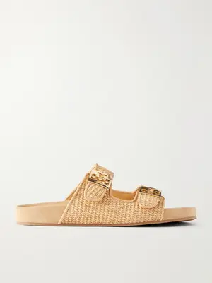 Tory Burch Mellow Raffia And Leather Logo Slides
