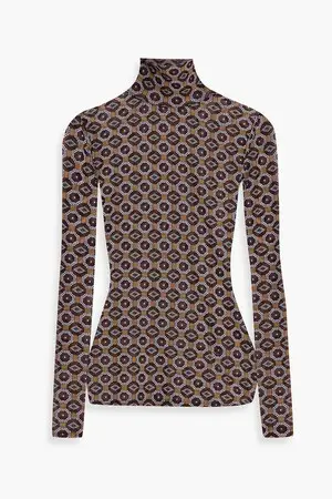 Dries Van Noten Printed Stretchmesh Turtleneck Top - Brown