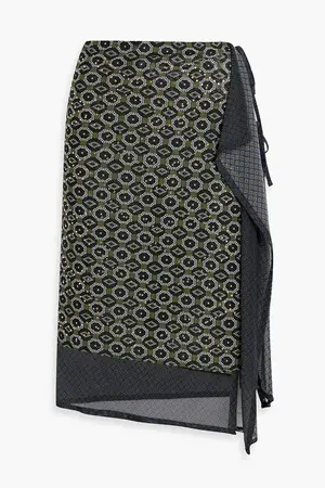 Dries Van Noten Embellished Printed Mesh Midi Wrap Skirt - Leaf Green