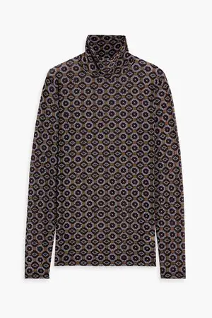 Dries Van Noten Embellished Printed Stretchmesh Turtleneck Top - Brown