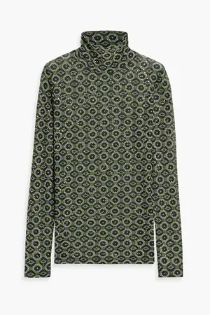 Dries Van Noten Embellished Printed Stretchmesh Turtleneck Top - Green