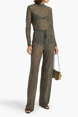 Dries Van Noten Embellished Printed Stretchmesh Turtleneck Top