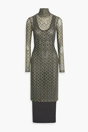 Dries Van Noten Layered Printed Stretchmesh Turtleneck Midi Dress - Leaf Green