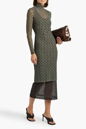 Dries Van Noten Layered Printed Stretchmesh Turtleneck Midi Dress
