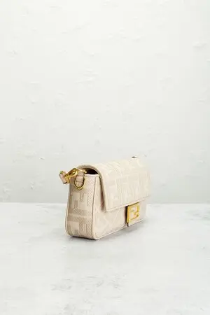 Fendi Vitello King Ff Embroidered Mini Baguette Shoulder Bag - Poudre