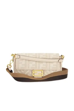 Fendi Vitello King Ff Embroidered Mini Baguette Shoulder Bag - Poudre