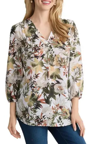 Jones New York Floral Three Quarter Sleeve Crepe Top - White Sand Multi