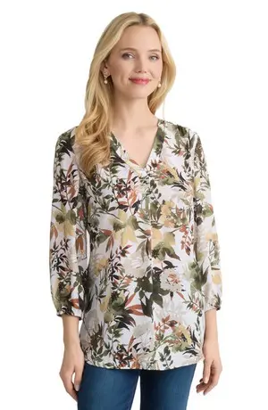 Jones New York Floral Three-quarter Sleeve V-neck Top