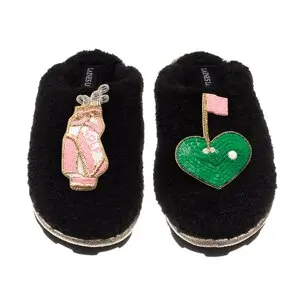 LAINES LONDON Teddy Closed Toe Slippers With Golf Lover Brooches