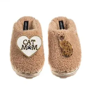 LAINES LONDON Teddy Towelling Closed Toe Slippers With Cat Brooches - Brown