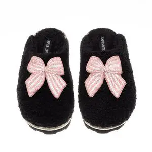 LAINES LONDON Teddy Closed Toe Slippers With Pink Stripe Bow Brooches