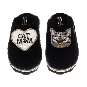 LAINES LONDON Teddy Towelling Closed Toe Slippers With Cat Brooches - Black