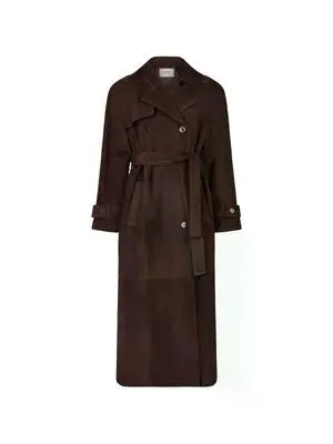 DUCIE Double-breasted Lamb Suede Trench Coat - Brown
