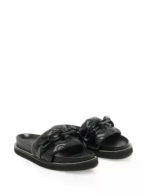 LOUIS VUITTON Leather Embossed Monogram Puffy Strap Chunky Chain Link Slides