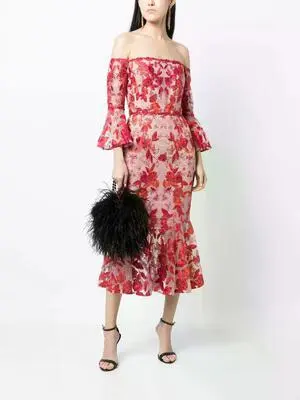 Marchesa Off-shoulder Floral Embroidered Dress