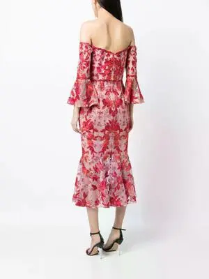 Marchesa Off-shoulder Floral Embroidered Dress