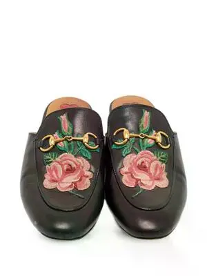 Gucci Princetown Leather Floral-embroidered Mules - Brown